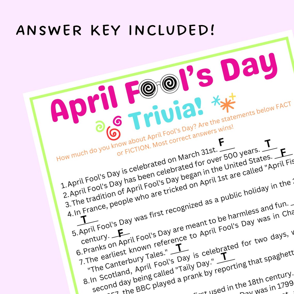 April Fools' Day Trivia, Printable Multiple Choice April Fools' Day ...