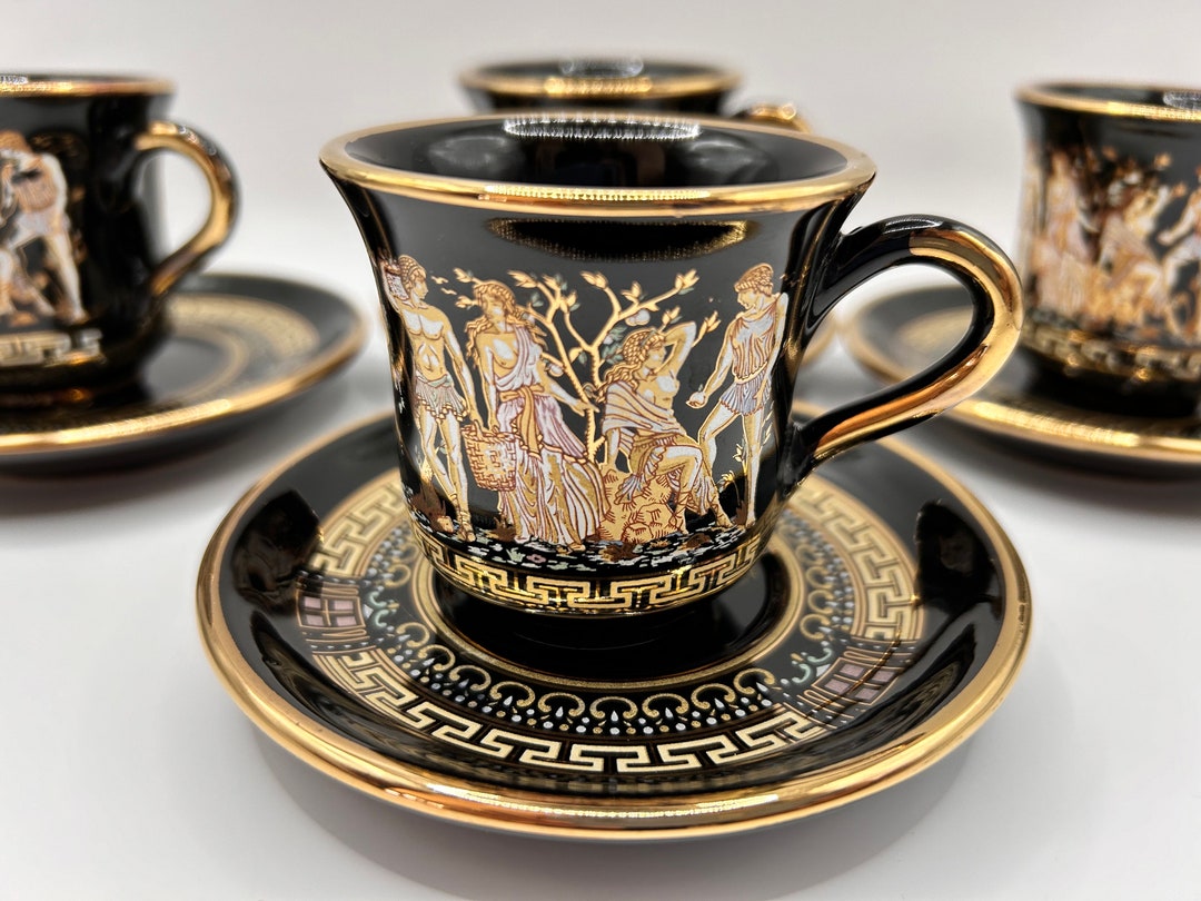 Set of Four 24K Gold Trimmed Greece Ceramic Handmade Espresso Cups and ...