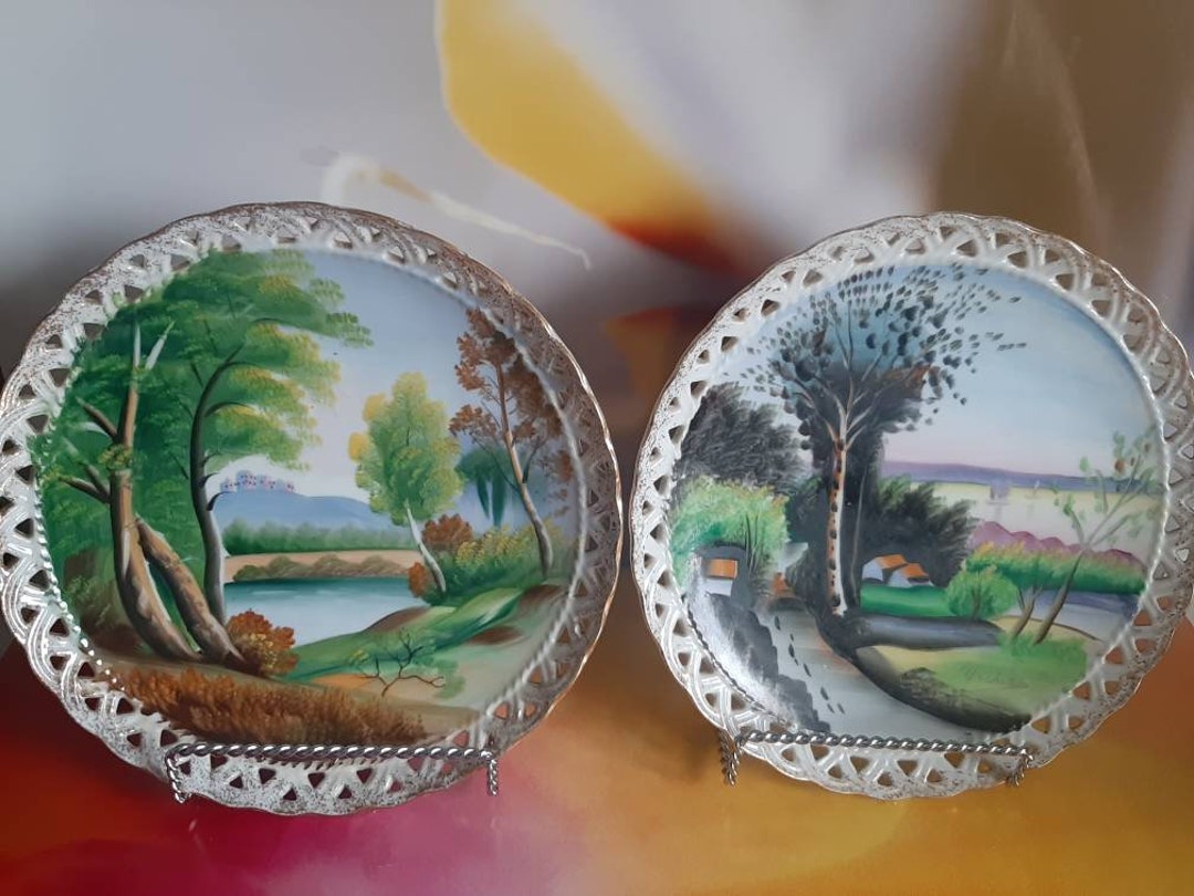 Vintage Hand Painted Landscape Plates, Original Oil Painting, Set of 2 ...