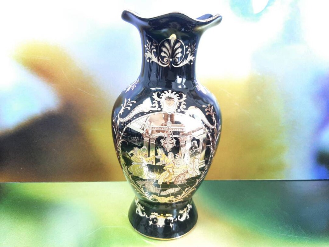 Rare Vintage Greek 24k Gold Black Ceramic Vase Handmade Mythology ...
