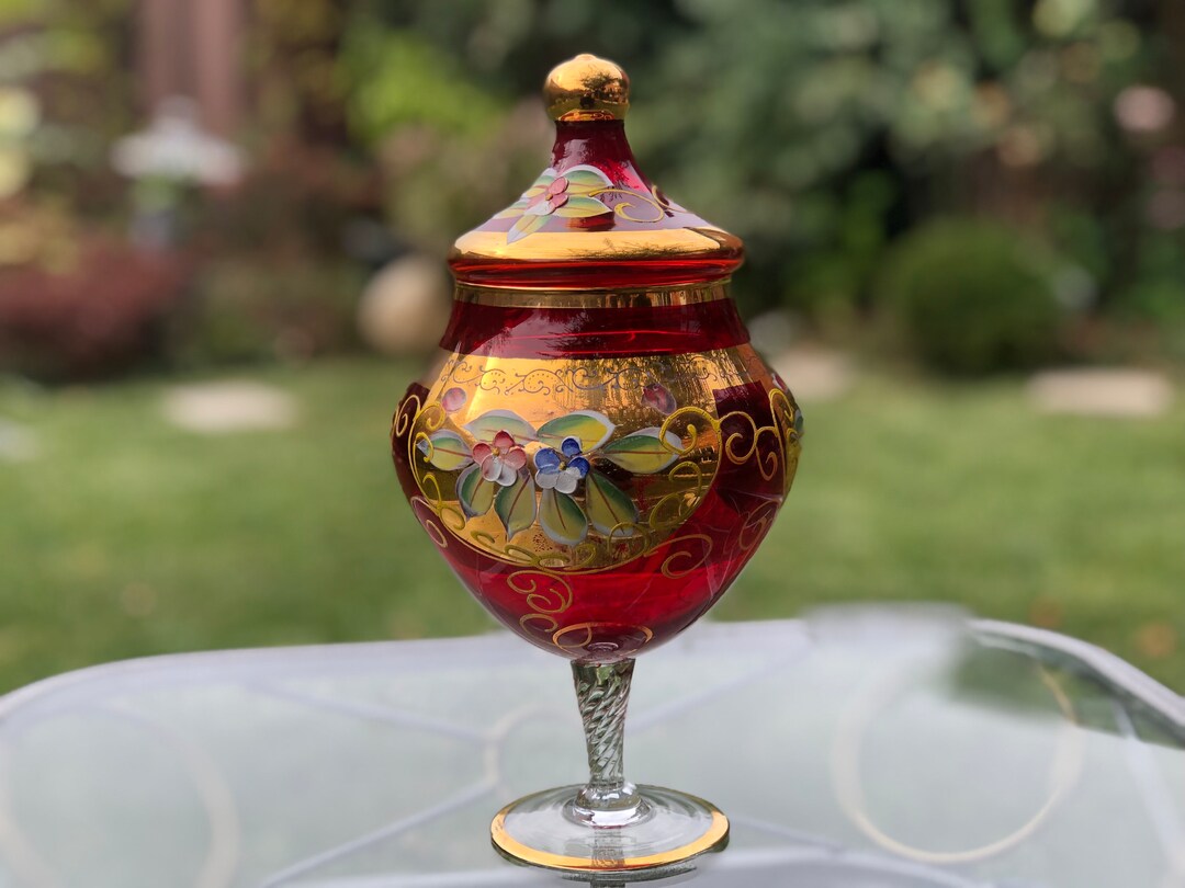 Vintage CZECH BOHEMIAN Glass Gold High Enamel Ruby Red Crystal Pedestal ...