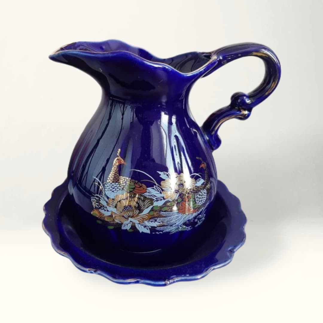 Vintage Fine Porcelain Pitcher and Bowl Combo Cobalt Blue Gold Trim ...