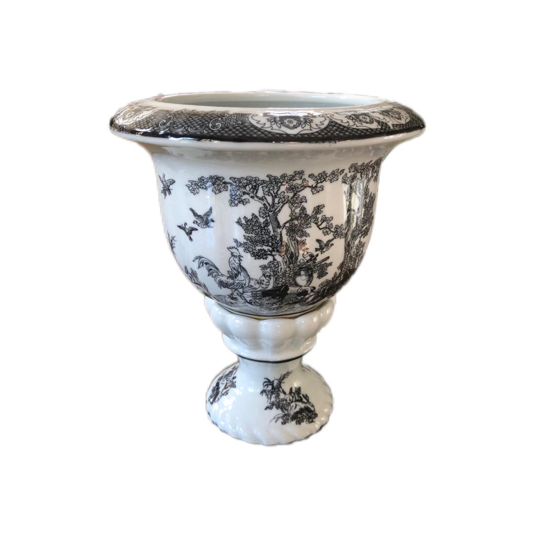 Rare Black and White Chinoiserie Toile Planter, Large Footed Urn Vase ...
