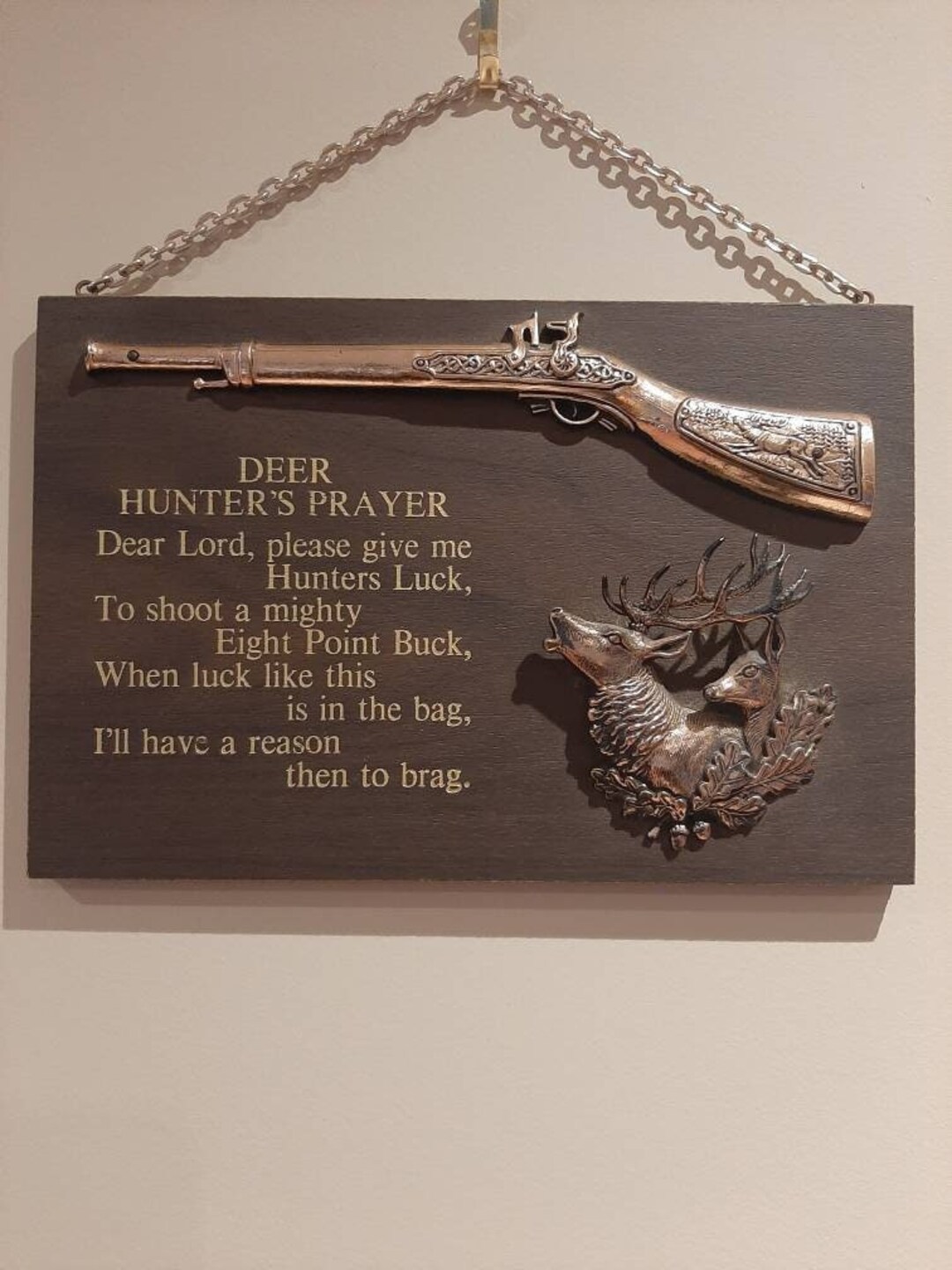Deer Hunters Prayer Plaque Sign Rifle Copper Plated Metal Wood Wall ...