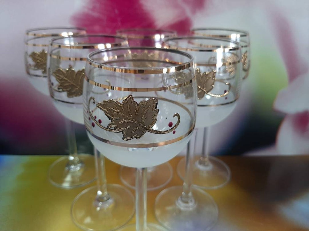 Vintage MCM Libbey Wine Glass Gold Maple Leaf Pattern , Golden Cordial ...