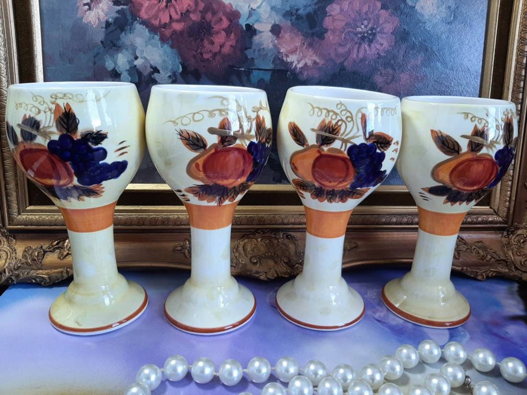 Glazed Ceramic Goblets With Floral Pattern, Vintage Goblets, Chalice ...