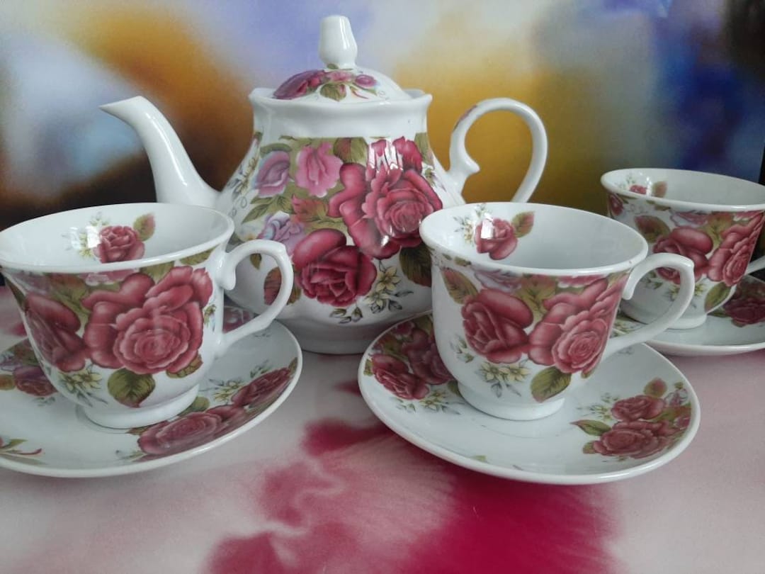 Vintage Floral Tea Pot Set, Rose Pattern, Tea Cup and Saucer, Tea Set ...