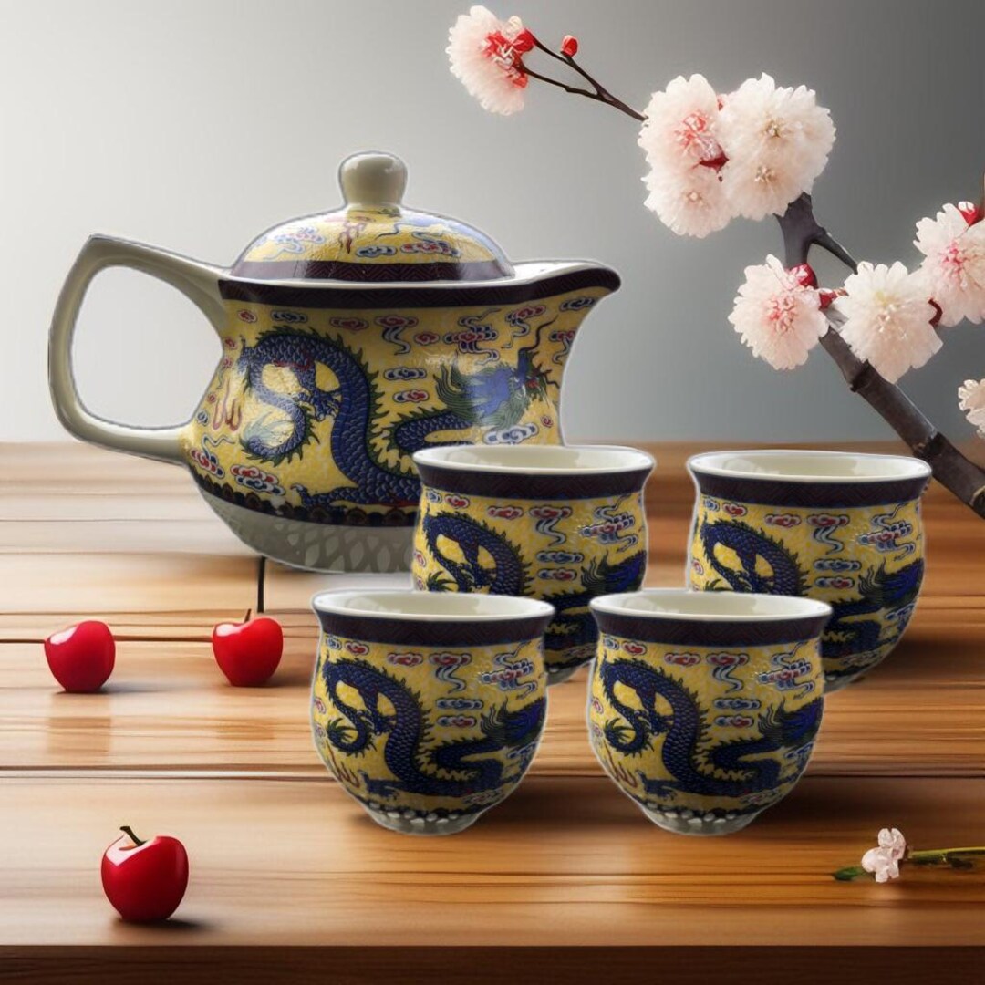 Bright Royal Yellow Porcelain Tea Set, 1 Teapot and 4 Tea Cups With ...