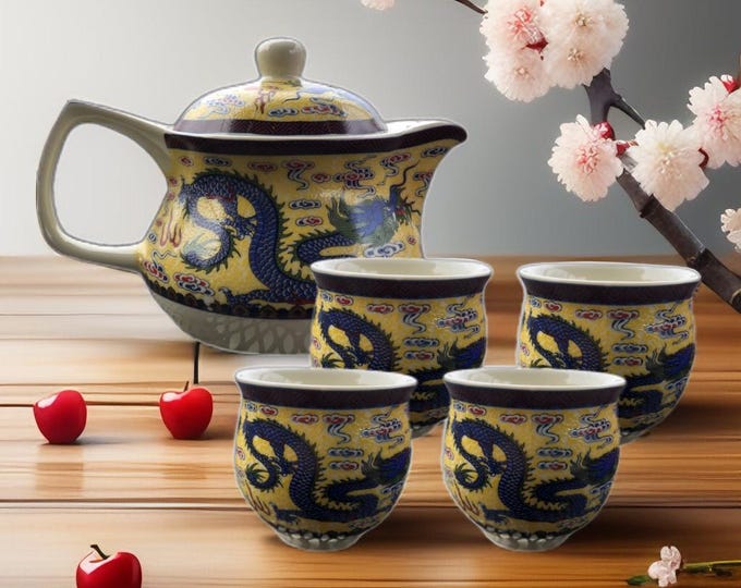 Bright Royal Yellow Porcelain Tea Set, 1 Teapot and 4 Tea Cups With ...