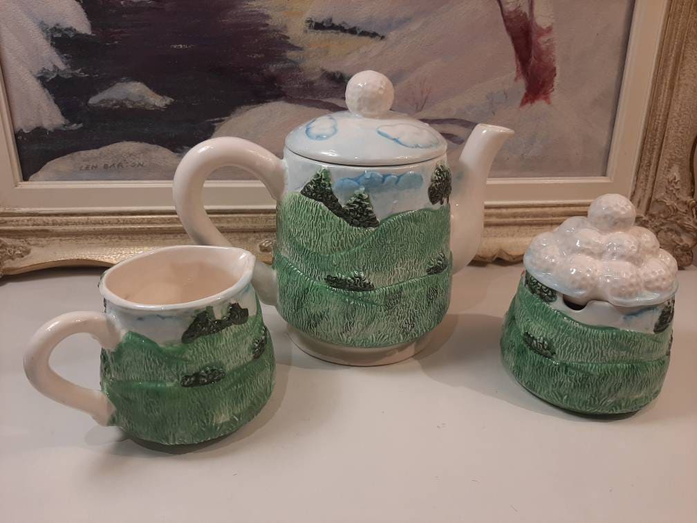 Golf Motif Tea Set, 3 Pcs, Teapot, Sugar and Creamer, Glazed Ceramic ...