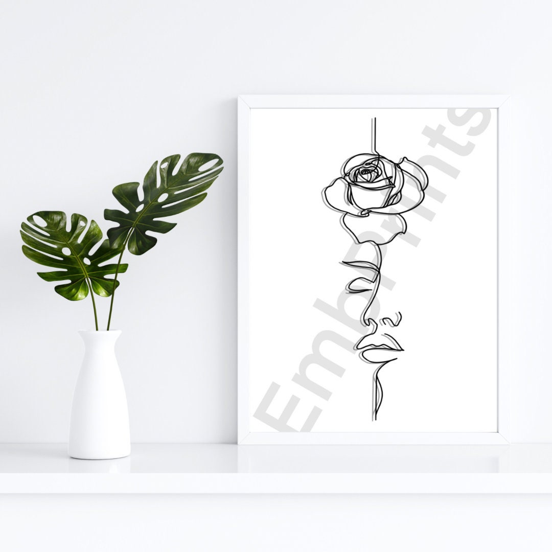 One Line Drawing, Digital Print, Digital One Line Art, Rose and Face ...