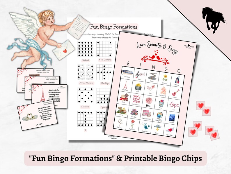 Love Sonnets and Songs Bingo, Valentine's Bingo, Engagement Bingo ...