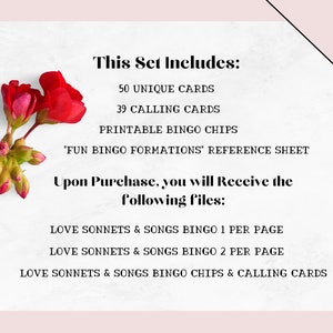 Love Sonnets and Songs Bingo, Valentine's Bingo, Engagement Bingo ...