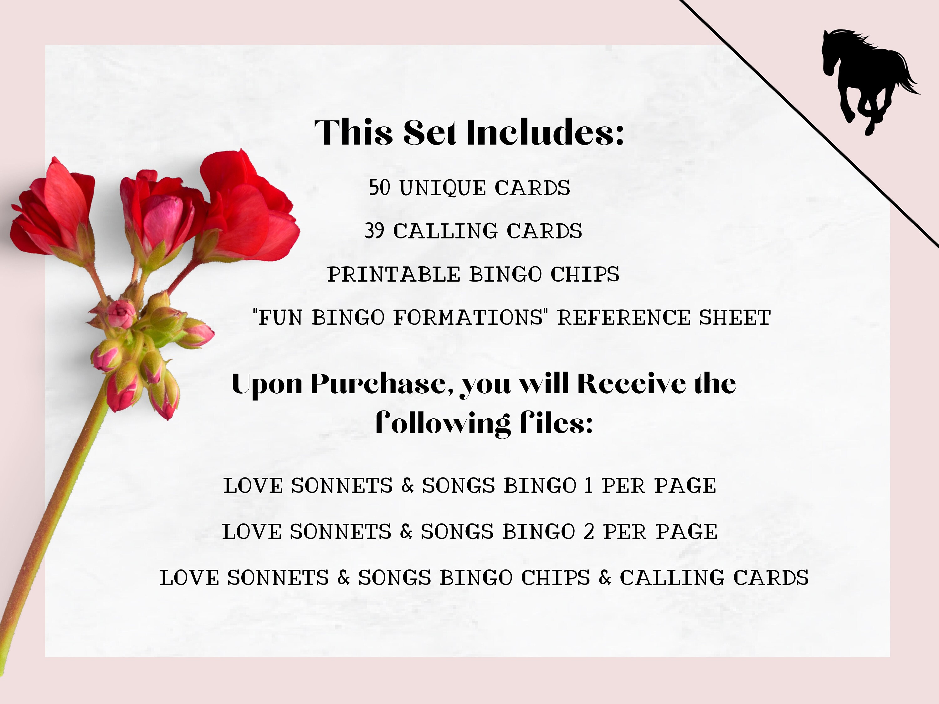 Love Sonnets and Songs Bingo, Valentine's Bingo, Engagement Bingo ...