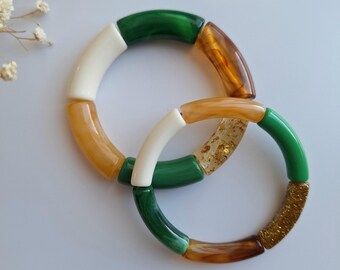 Bracelet jonc bicolore MAELLE / grosses perles tubes en résine acrylique incurvées - Etsy France
