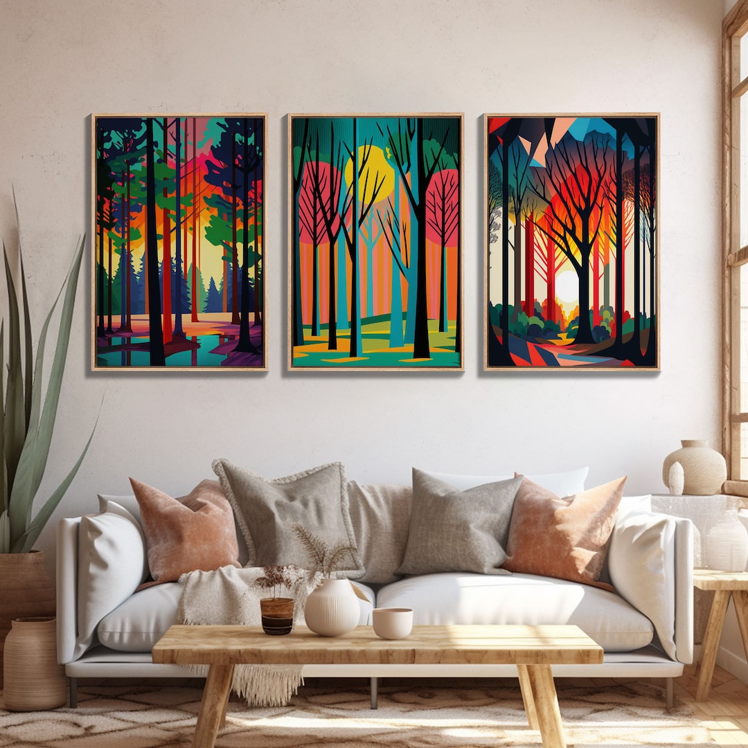 Retro Pine Tree Forest in the Fall, 3 Piece Canvas, 3 Panel Art, Framed ...