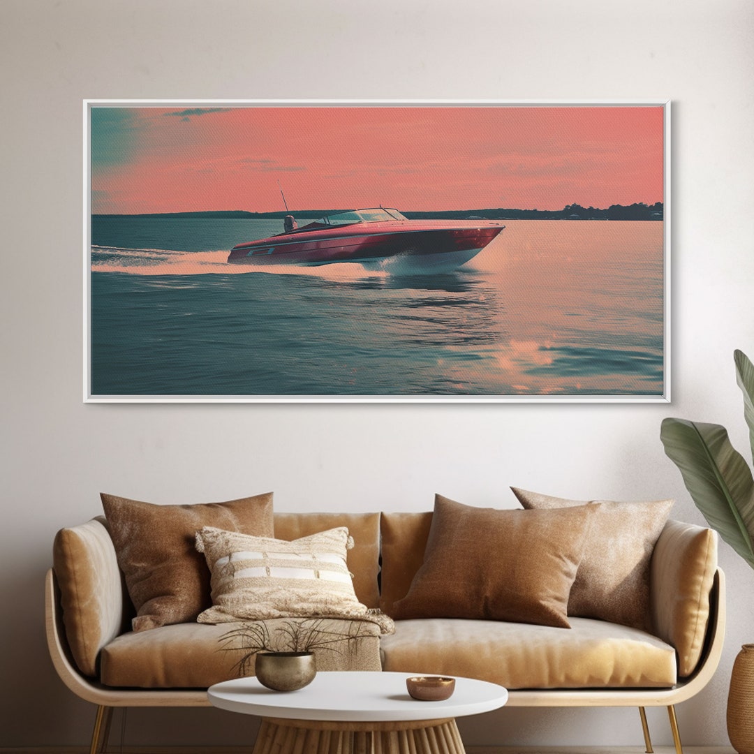 Vaporwave Pink Speed Boat Decor, Nautical Framed Canvas Print, Eclectic ...