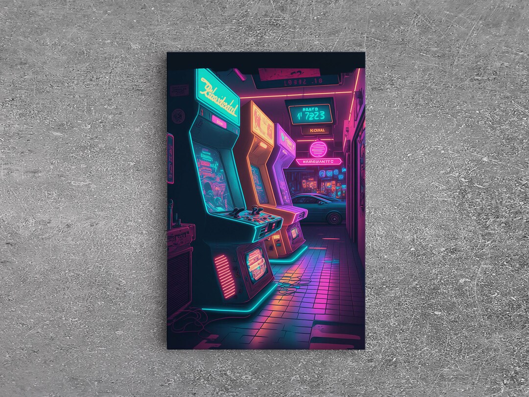 The Neon Arcade, Gamer Room Decor, Unique Game Room Art, Framed Canvas ...