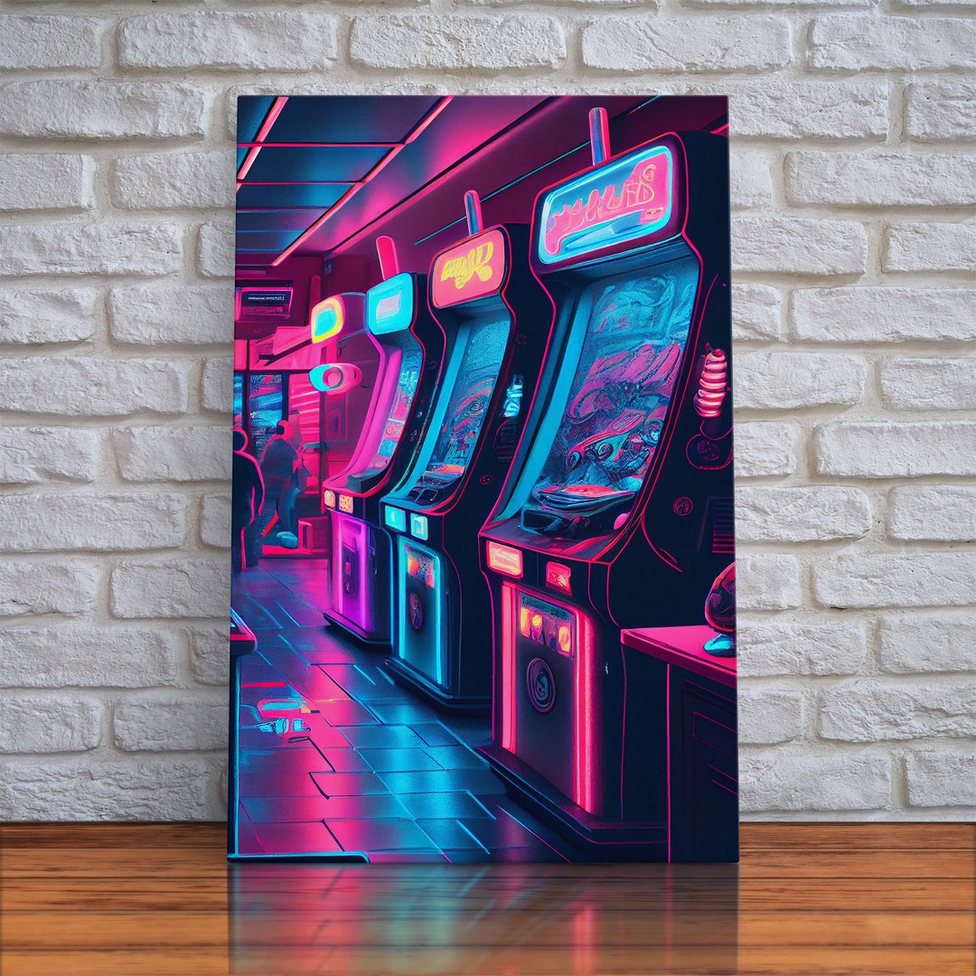 Game Room Decor, Framed Canvas Print, Synthwave Arcade, Boys Room ...