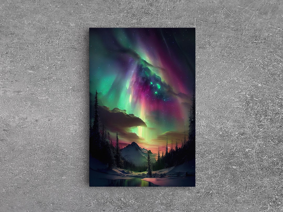 Aurora Borealis, Northern Lights Art, Framed Canvas Print, Snow Capped ...