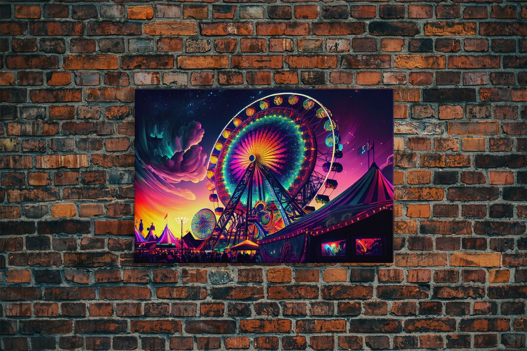 Synthwave Ferris Wheel Watercolor Art, Framed Canvas Print, Colorful ...
