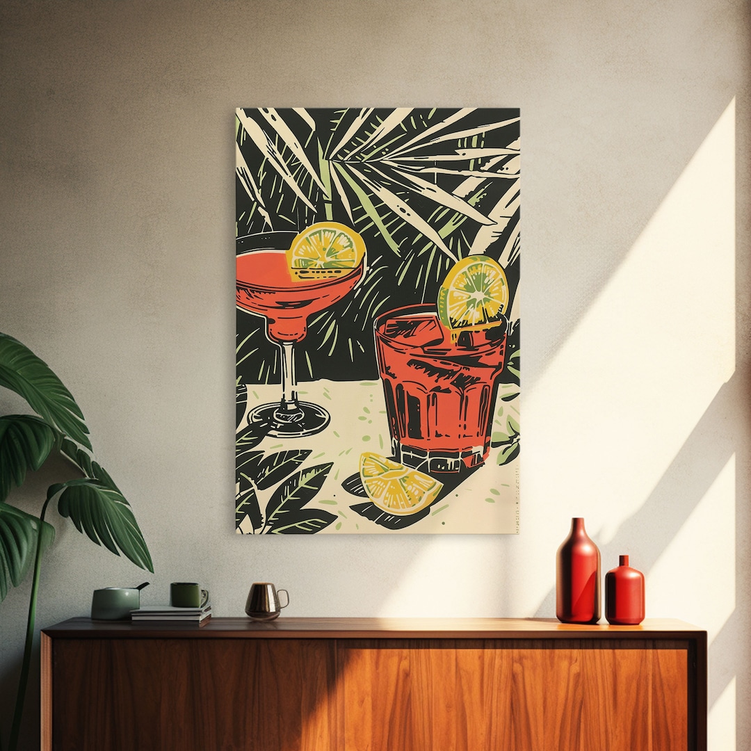 Retro Cocktails Bar Decor Wall Art, Framed Canvas Print, 70s Style Bar ...