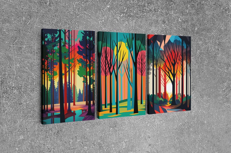 Retro Pine Tree Forest in the Fall 3 Piece Canvas 3 Panel - Etsy