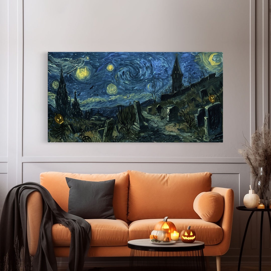 Starry Night Inspired Haunted Cemetery Framed Canvas Print, Halloween ...