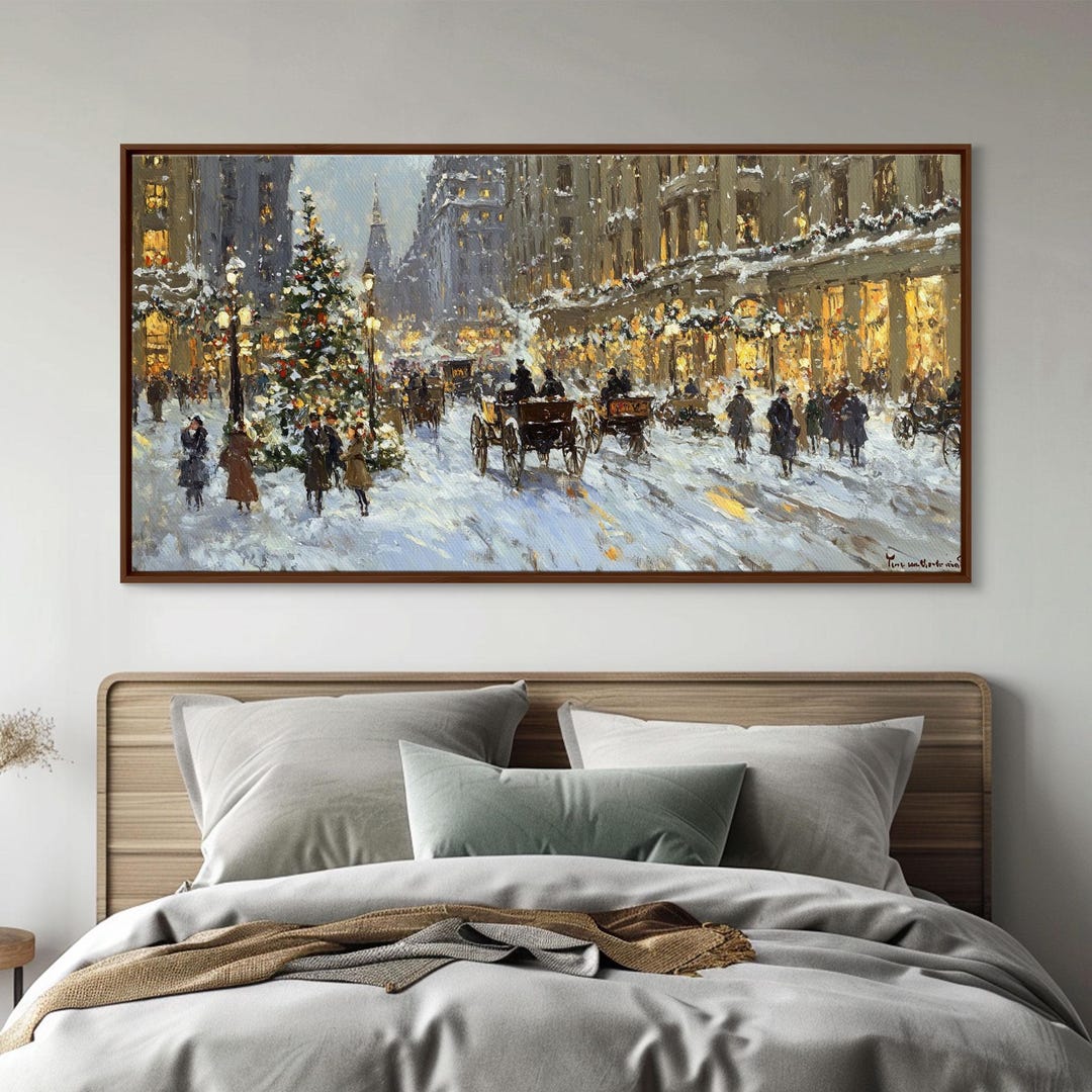 Bustling Christmas Street Scene Tall Art Framed Canvas Print Vintage ...