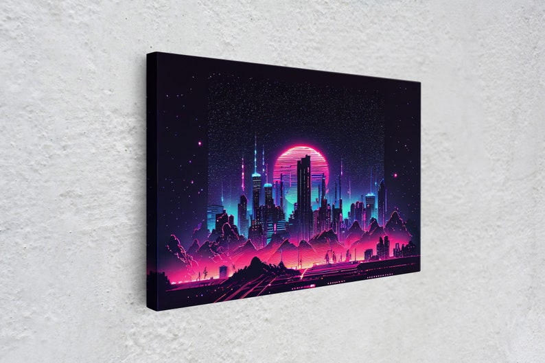Cyberpunk City Skyline Superimposed Over a Sunset Synthwave - Etsy