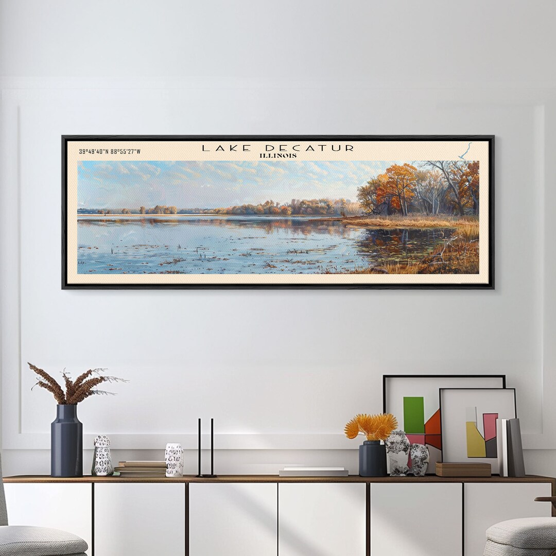 Lake Decatur Illinois Framed Canvas Print, Lake House Decor, Panoramic ...