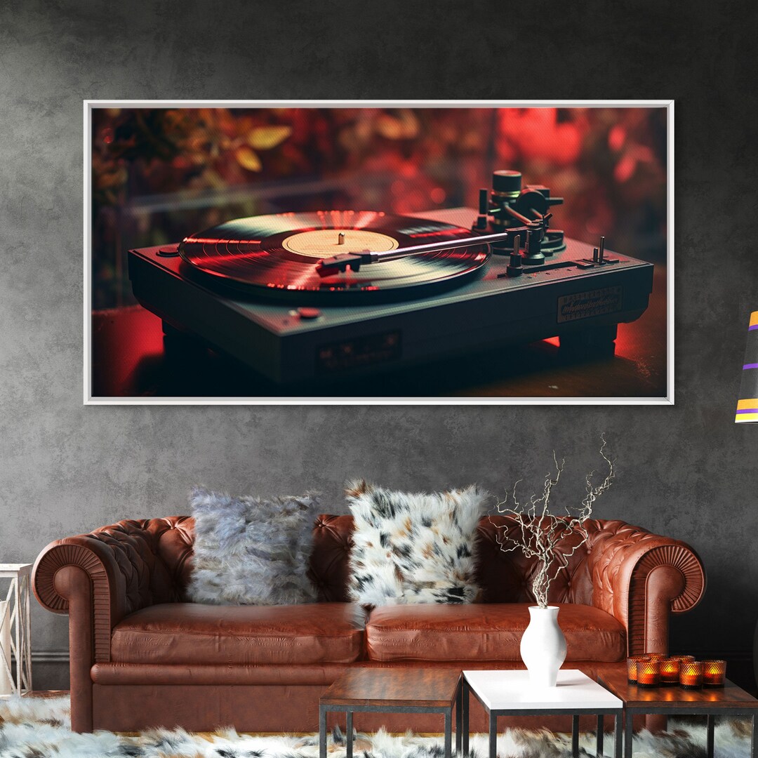 Retro Record Player Art, Framed Canvas Print, Eclectic Decor, Vinyl ...