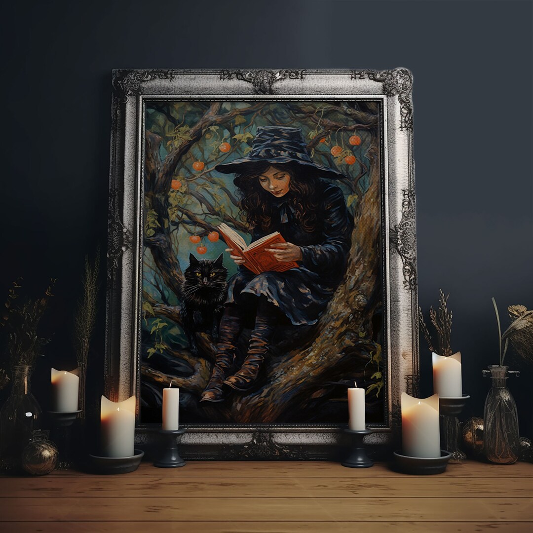 Cute Witch Reading Spells to Her Black Cat Familiar, Vintage Halloween ...