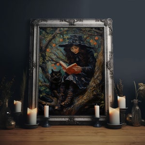 Cute Witch Reading Spells to Her Black Cat Familiar, Vintage Halloween ...