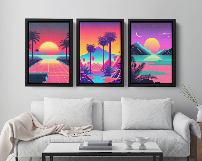 Retro 80s Style Art 3 Panel Framed Canvas Prints Canvas Wall - Etsy