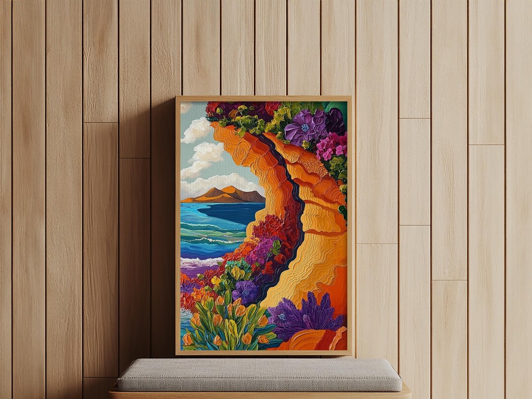 Cliffside Flowers, Ocean, Landscape, Framed Canvas Print Floral Coastal ...