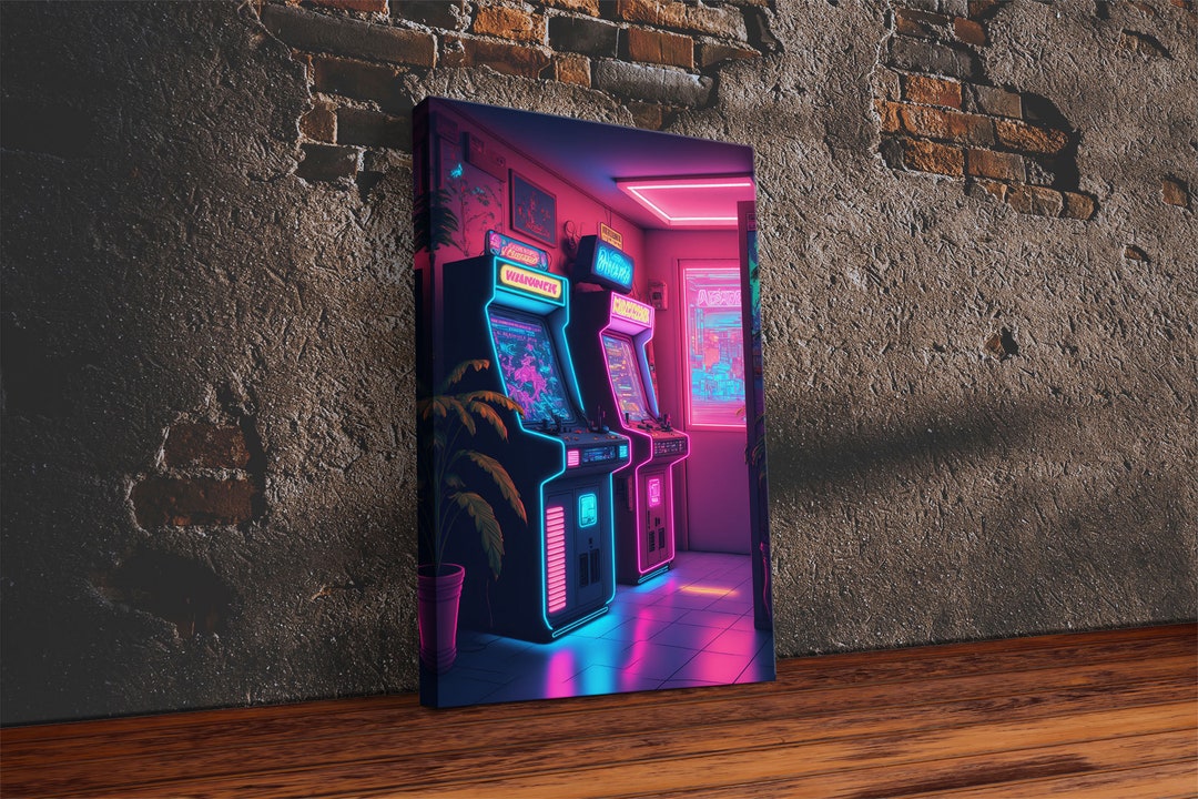 Retrowave Arcade Room, Neon Gamer Art, Framed Canvas Print, Framed Wall ...