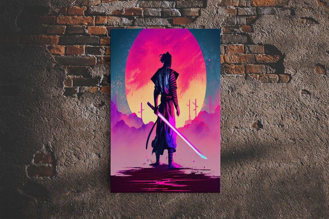 Synthwave Samurai, Cyberpunk Samurai Art, Framed Canvas Print, Ready to ...