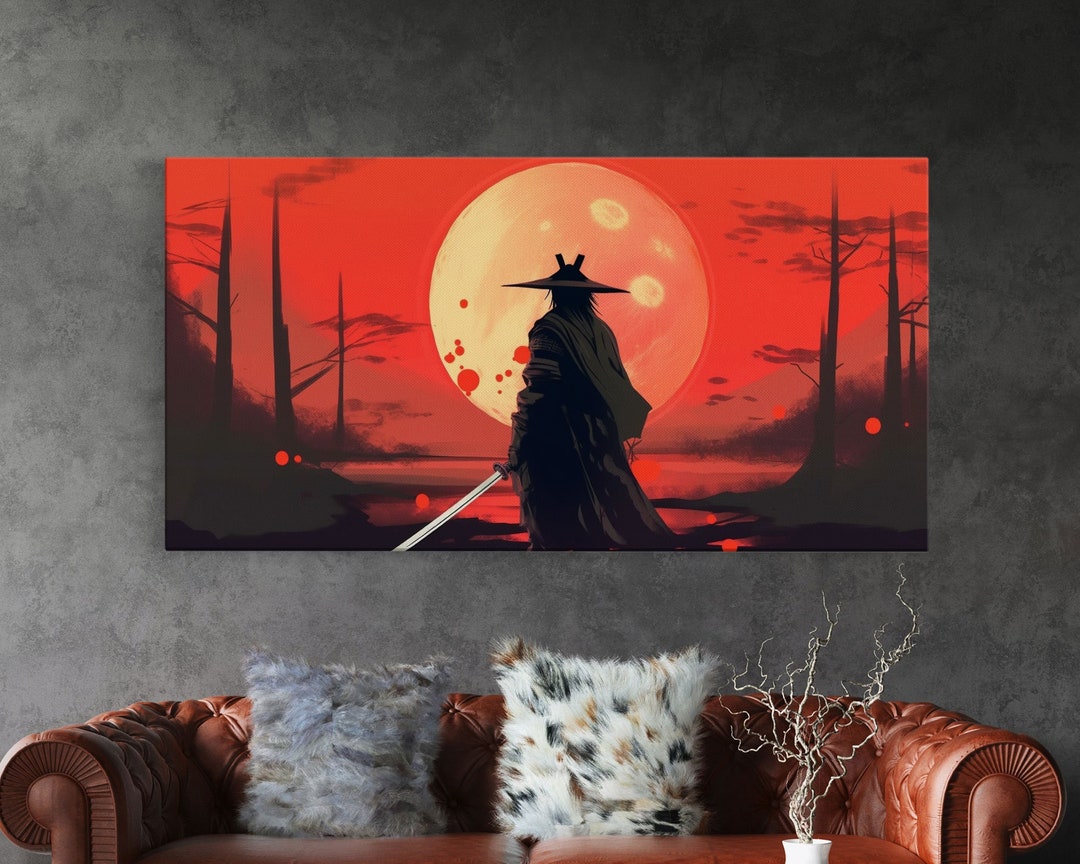 Mysterious Samurai and Blood Moon Print on Canvas, Framed Canvas Print ...