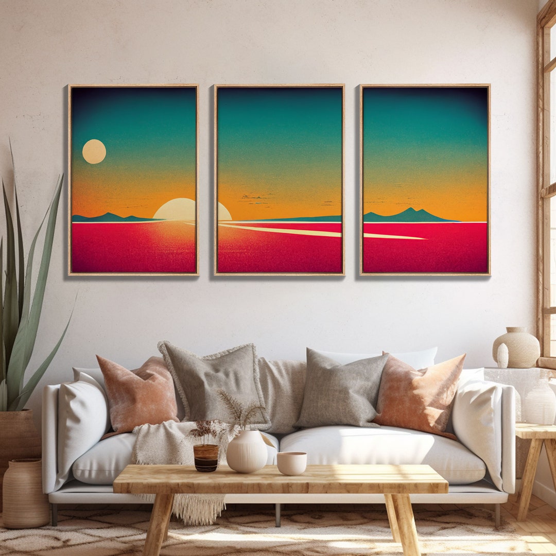 Art Deco Sunset, 3 Piece Wall Art, Ready to Hang Canvas Print, Cool ...