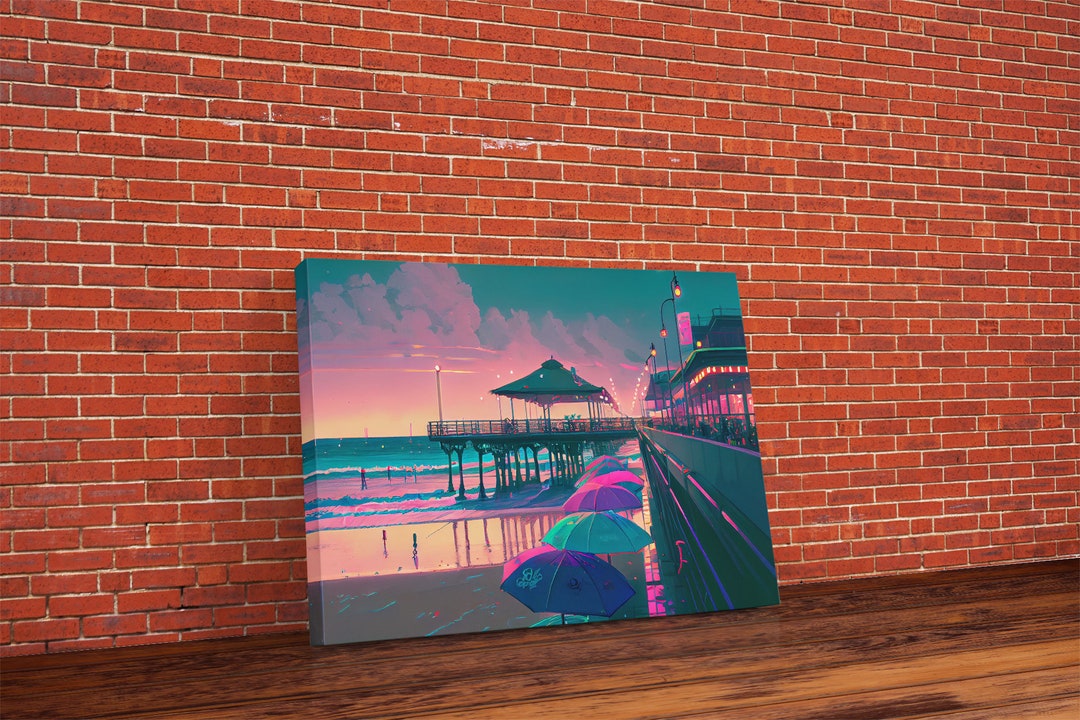 Neon Beach, Cool Beach House Wall Decor, Synthwave Pier and Boardwalk ...