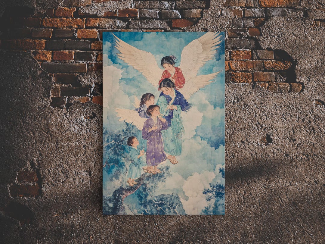 Guardian Angels Guiding Children Framed Canvas Print | Peaceful Nihonga ...