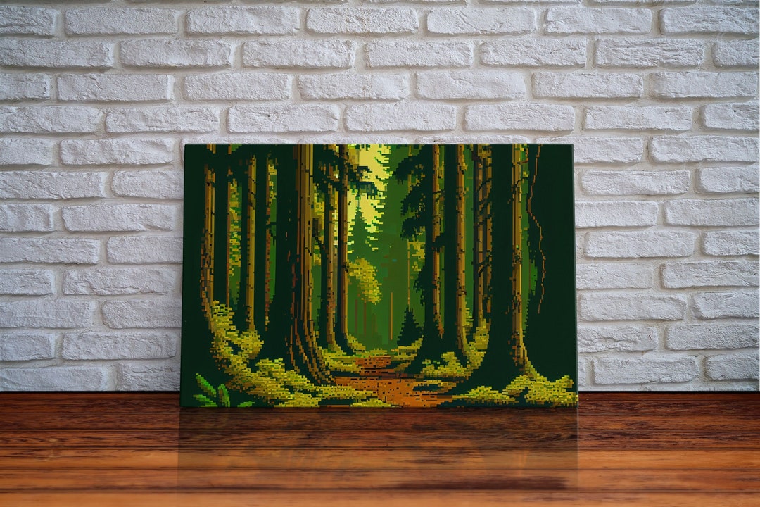 Among the Tall Trees, Beautiful Forest 8 Bit Pixel Art, Framed Canvas ...