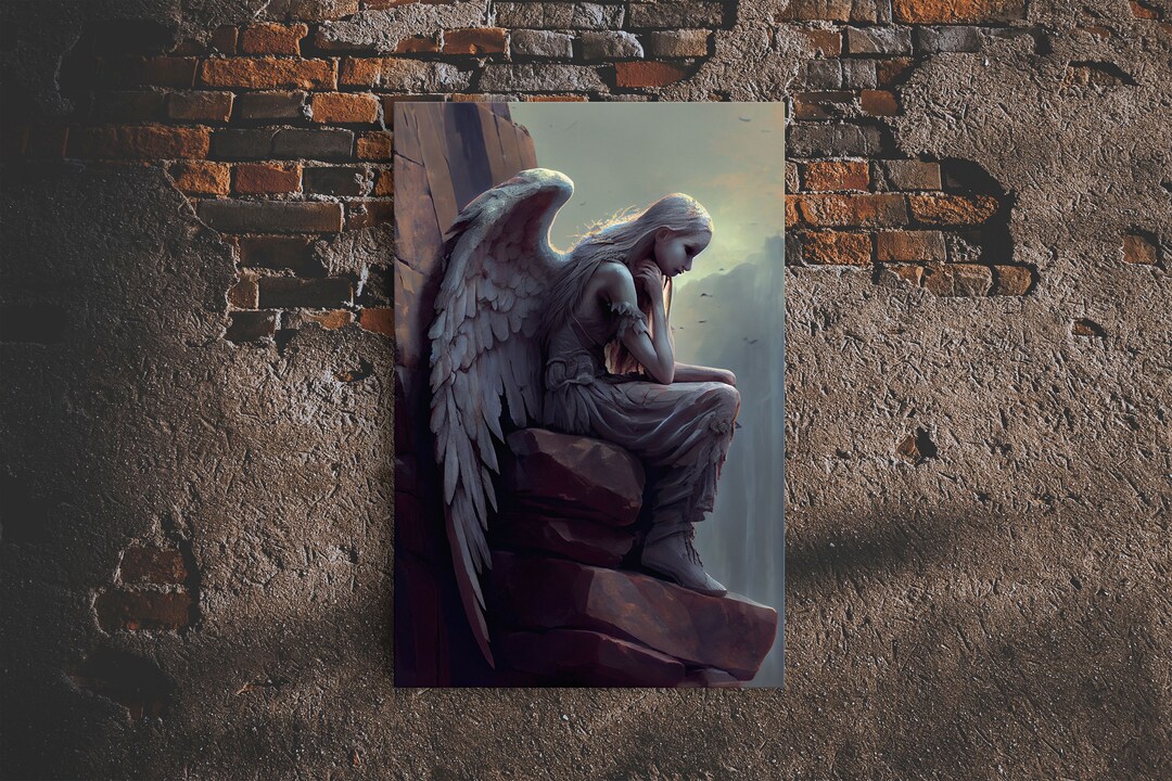 Sad Angel Sitting on a Roof, Angelic Art, Framed Canvas Print, Canvas ...