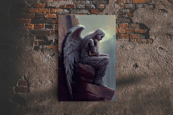 Male Angel Wallpaper Sad Angel Sitting On A Roof, Angelic Art, Framed