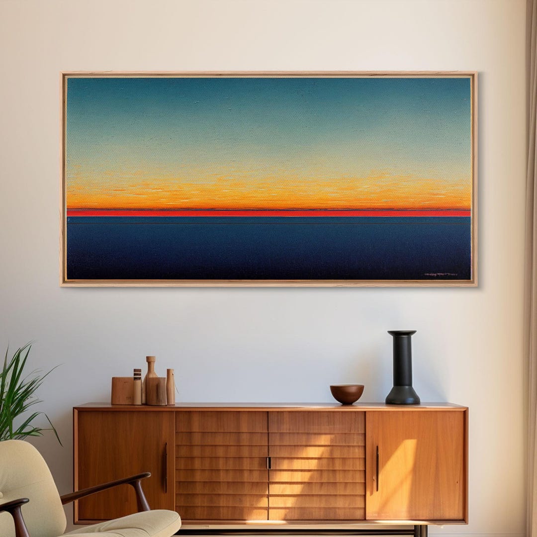 Beautiful Art Deco Style Watercolor Sunset, Framed Canvas Print, Ready ...