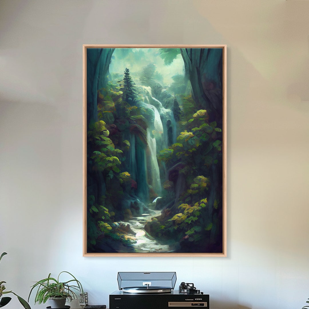 Waterfall Canvas Print, Fantasy Wall Art, Watercolor Print, High ...
