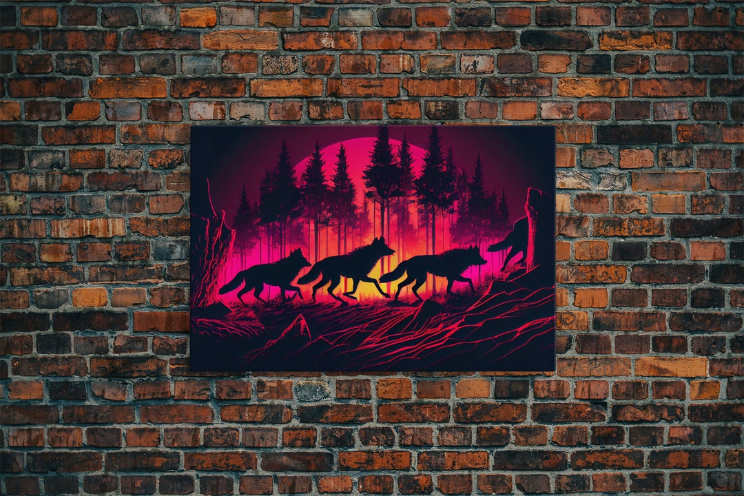 Wolf Pack on the Hunt at Sunset, Synthwave Animal Art, Framed Canvas ...