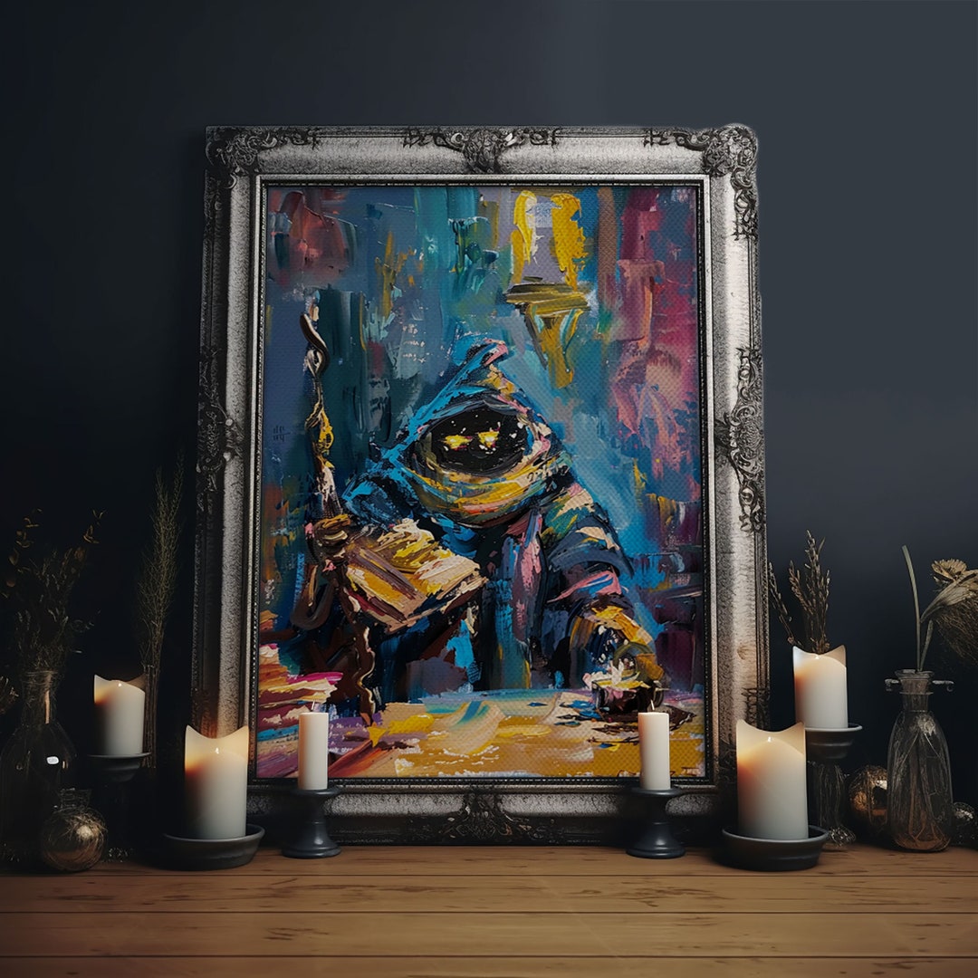 Halloween Creepy Wizard Reading Spells Framed Canvas Print, Spooky Wall ...