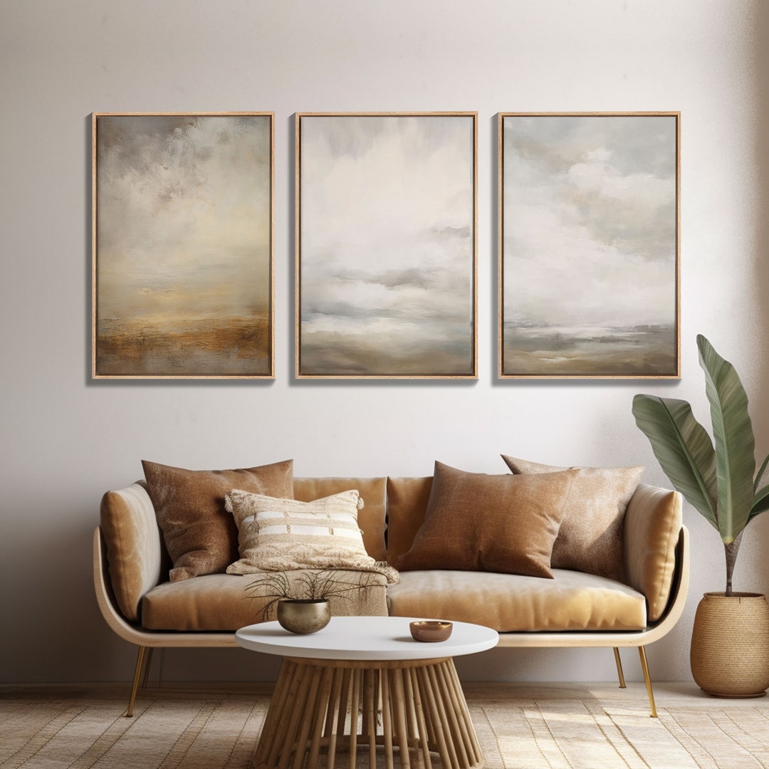 Framed Canvas Wall Art Set of 3 Gray Abstract Print Modern Art ...